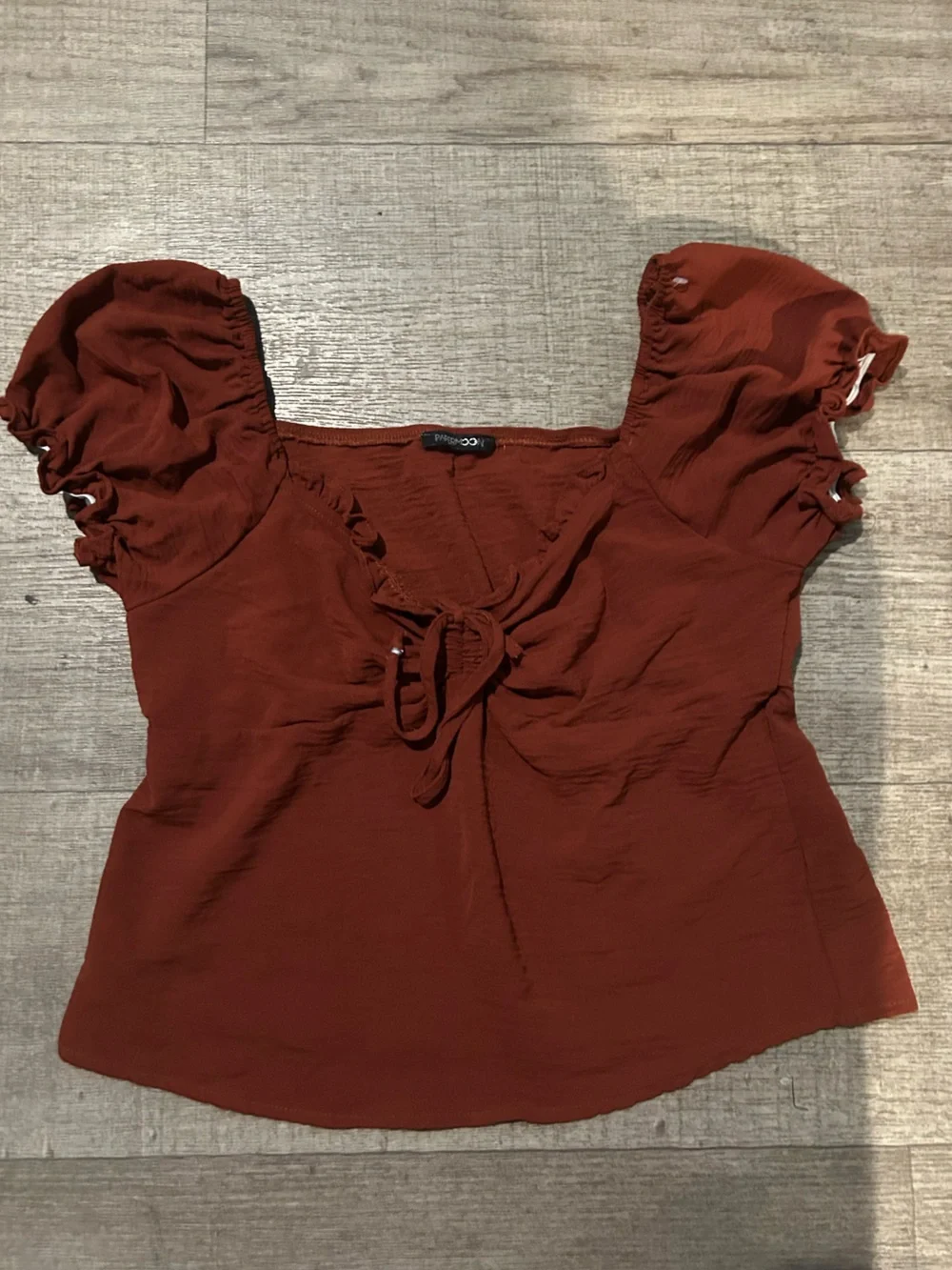 Papermoon | Tops | Papermoon Rust Brown Squareneck Tie Front Puff ...